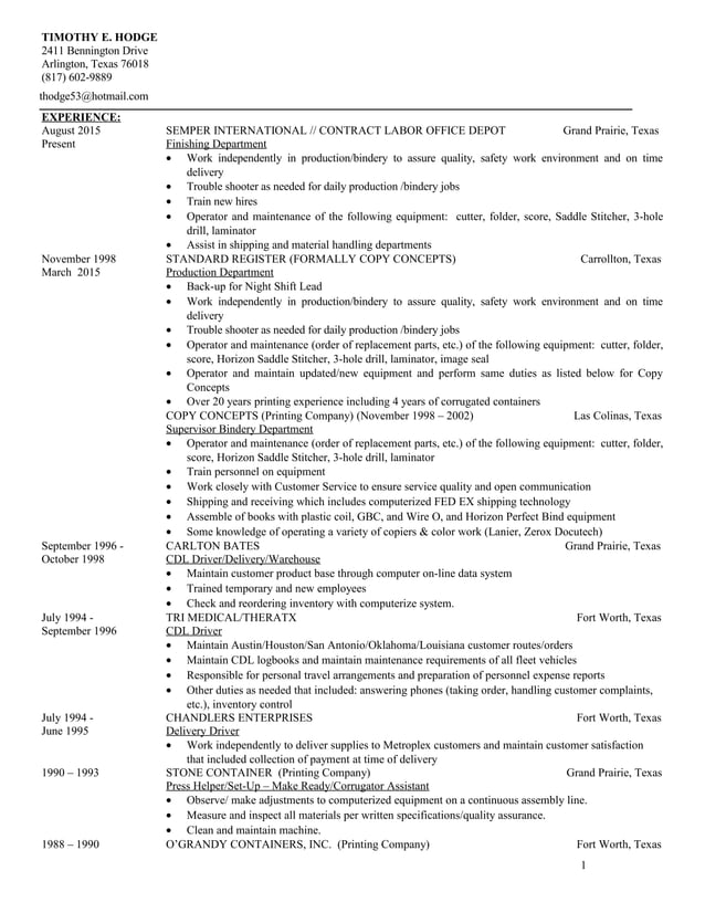 Tim Hodge Resume 2016 | DOC