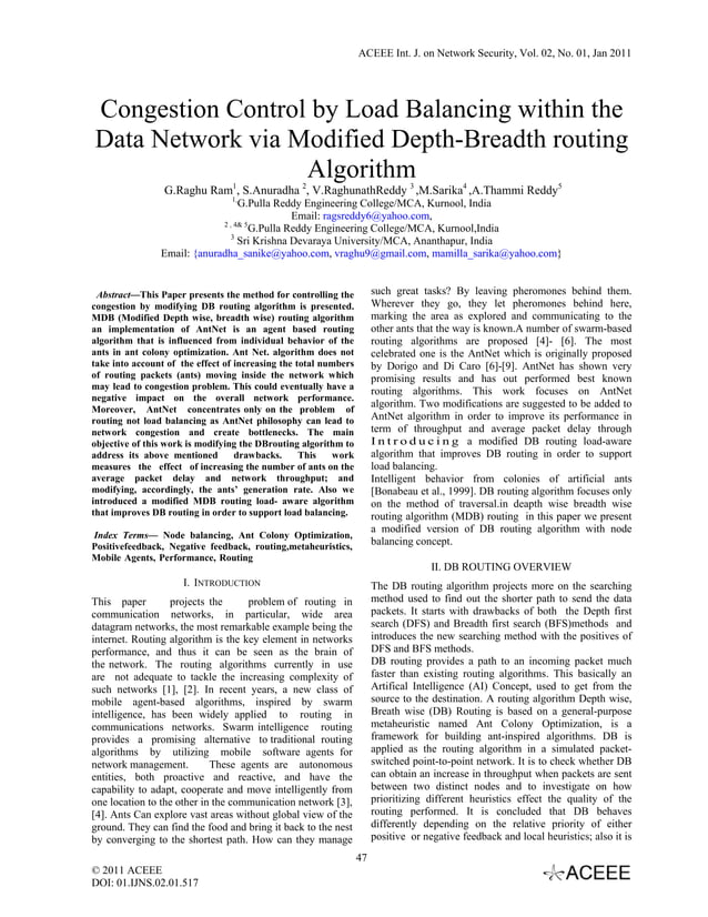 Congestion Control by Load Balancing within the Data Network via Modified Depth-Breadth routing ...