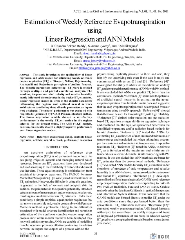 Estimation of Weekly Reference Evapotranspiration using Linear Regression and ANN Models | PDF