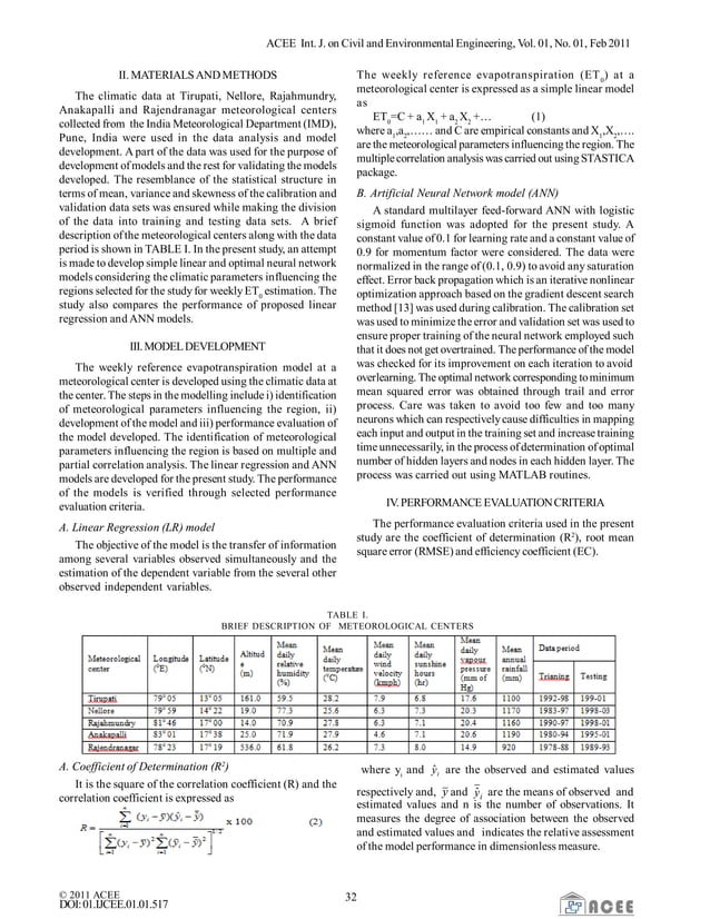 Estimation of Weekly Reference Evapotranspiration using Linear Regression and ANN Models | PDF
