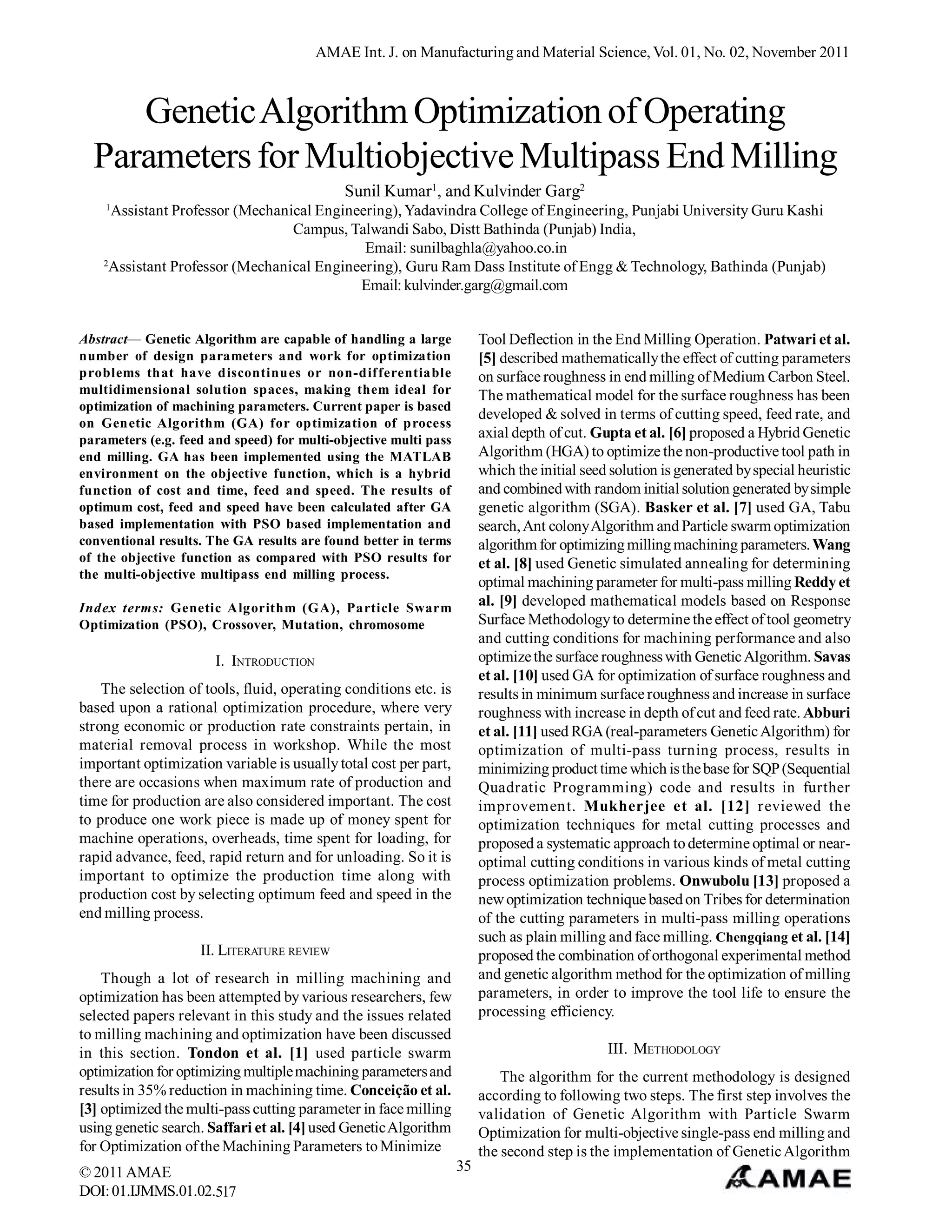 Genetic Algorithm Optimization of Operating Parameters for Multiobjective Multipass End Milling ...