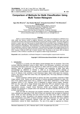 Comparison of Methods for Batik Classification Using Multi Texton Histogram | PDF