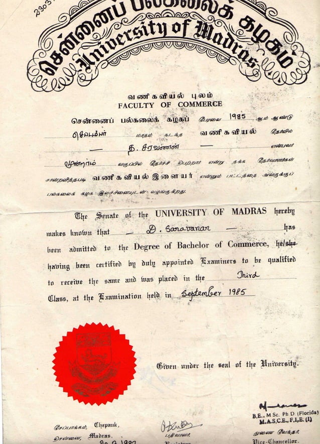 Madras University Degree Certificate PDF Madras University Degree Certificate PDF