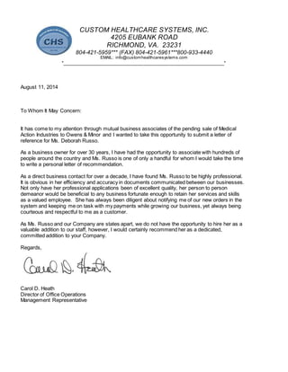 Custom Healthcare Letter of Recommendation for Debbie Russo August 2014 ...