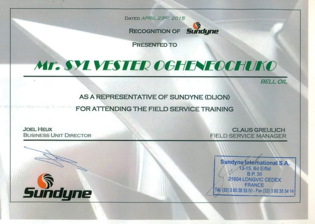 FIELD SERVICE TRAINING CERT ON SUNDYNE PUMPS0001 | PDF