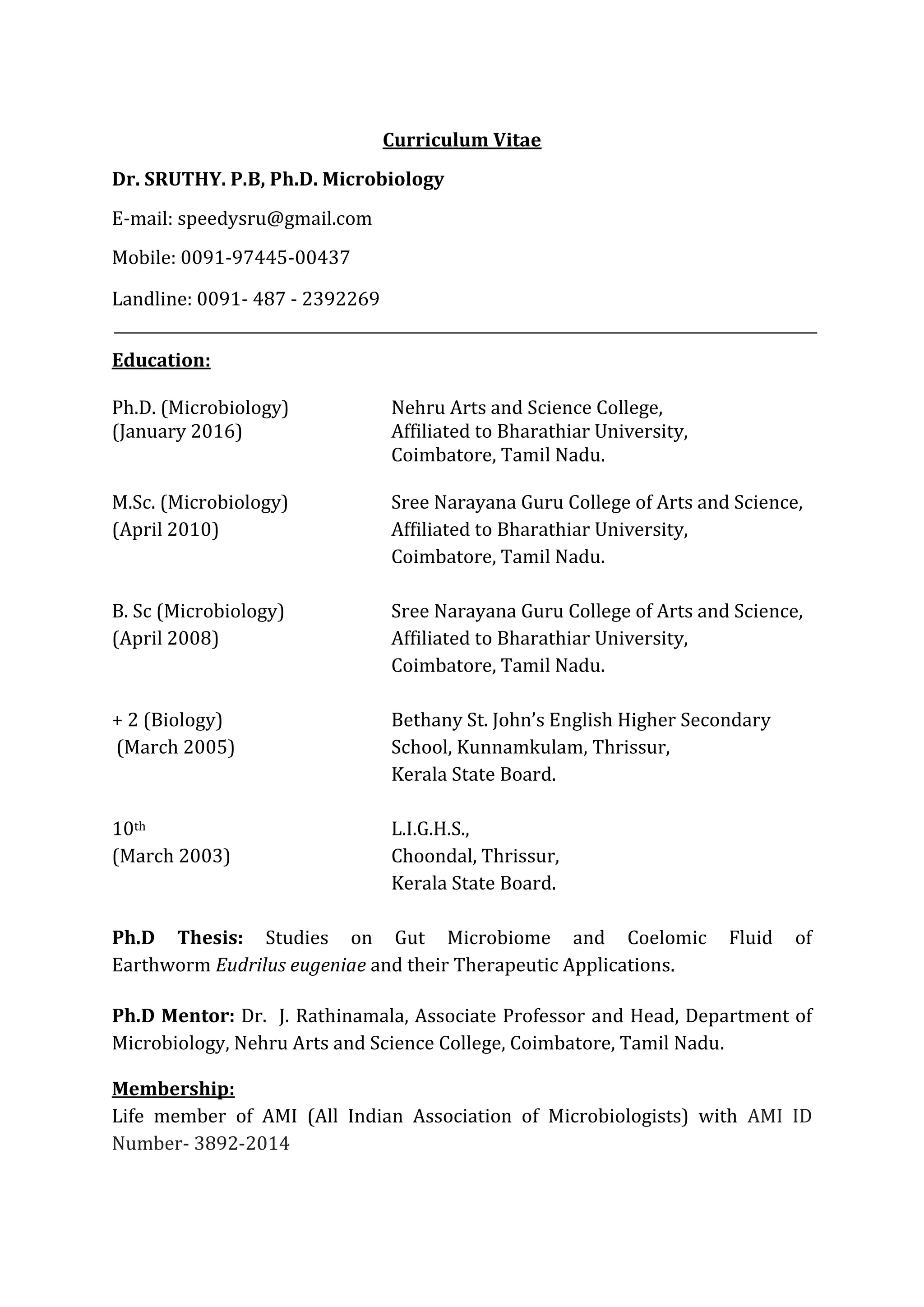 Curriculum Vitae.docx Sruthy. pdf | PDF | Chemistry | Science