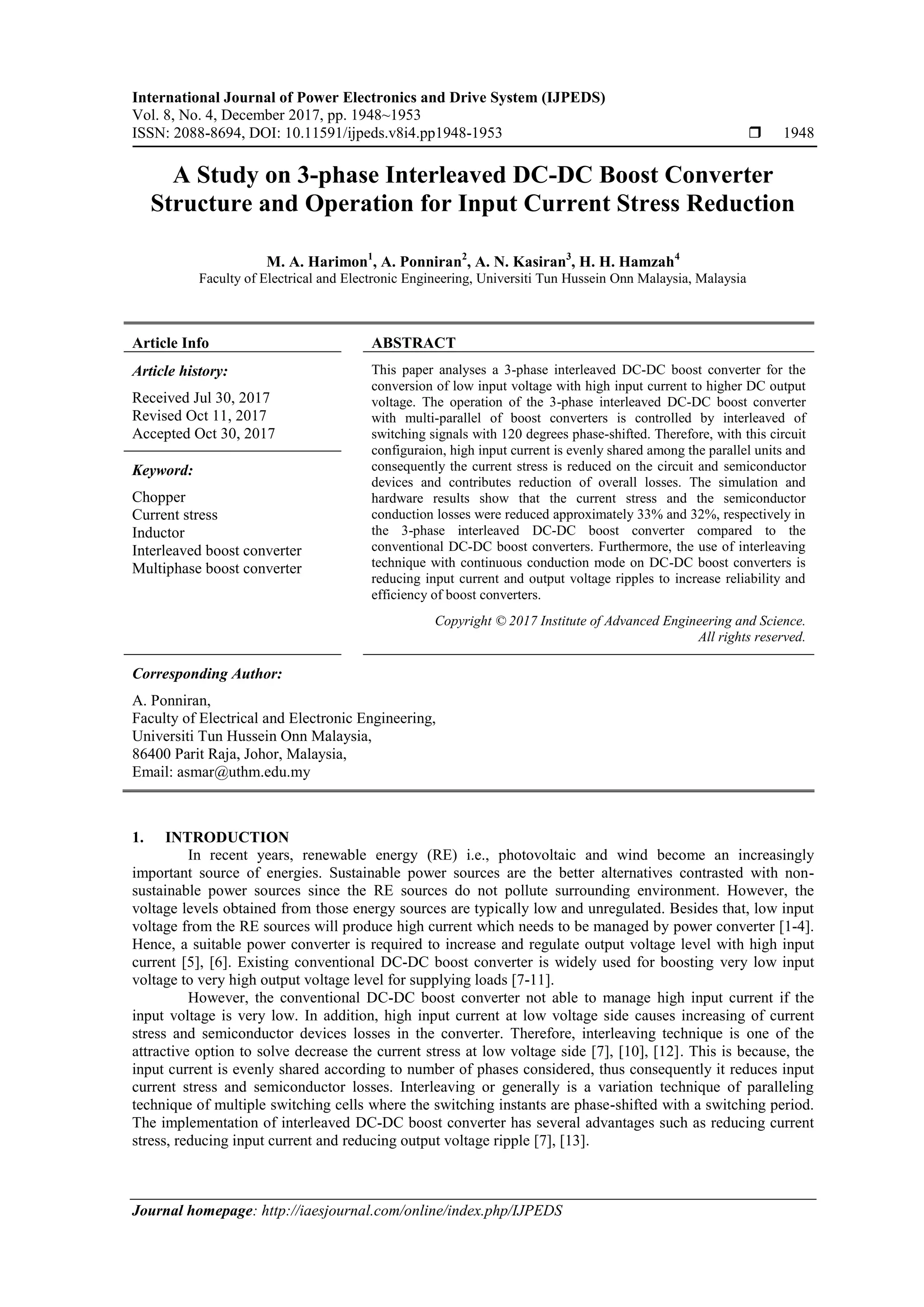 A Study on 3-phase Interleaved DC-DC Boost Converter Structure and Operation for Input Current ...