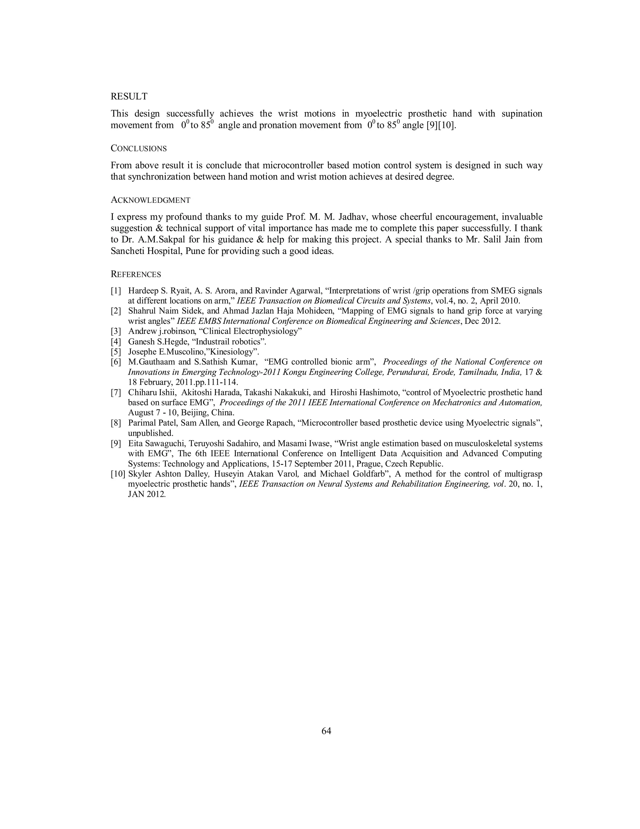 Myoelectric Prosthetic Arm Motion (Wrist/Hand) Control System | PDF