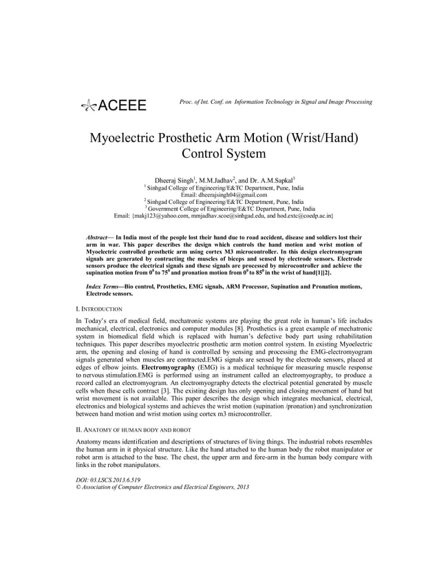 Myoelectric Prosthetic Arm Motion (Wrist/Hand) Control System | PDF