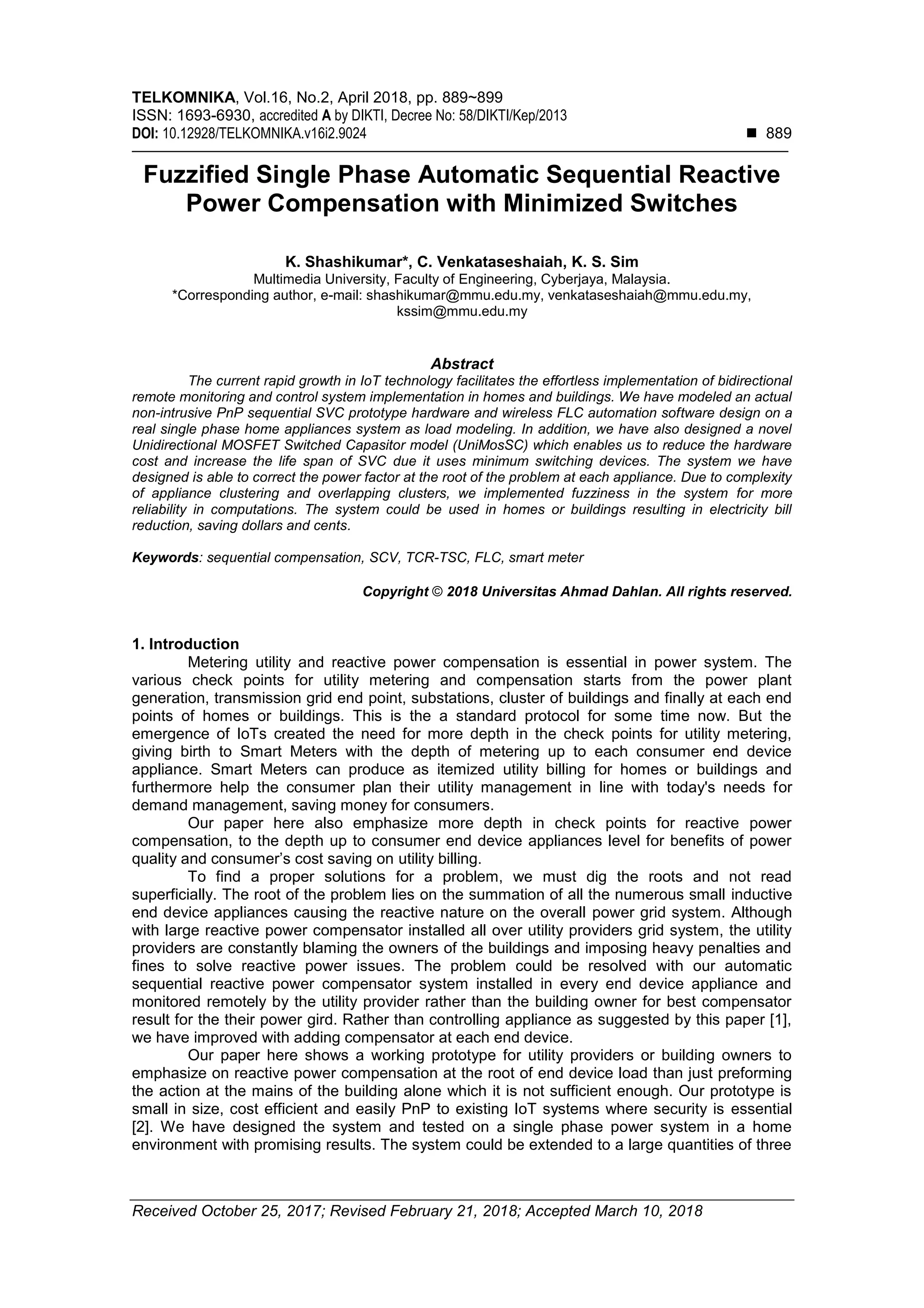 Fuzzified Single Phase Automatic Sequential Reactive Power Compensation with Minimized Switches ...