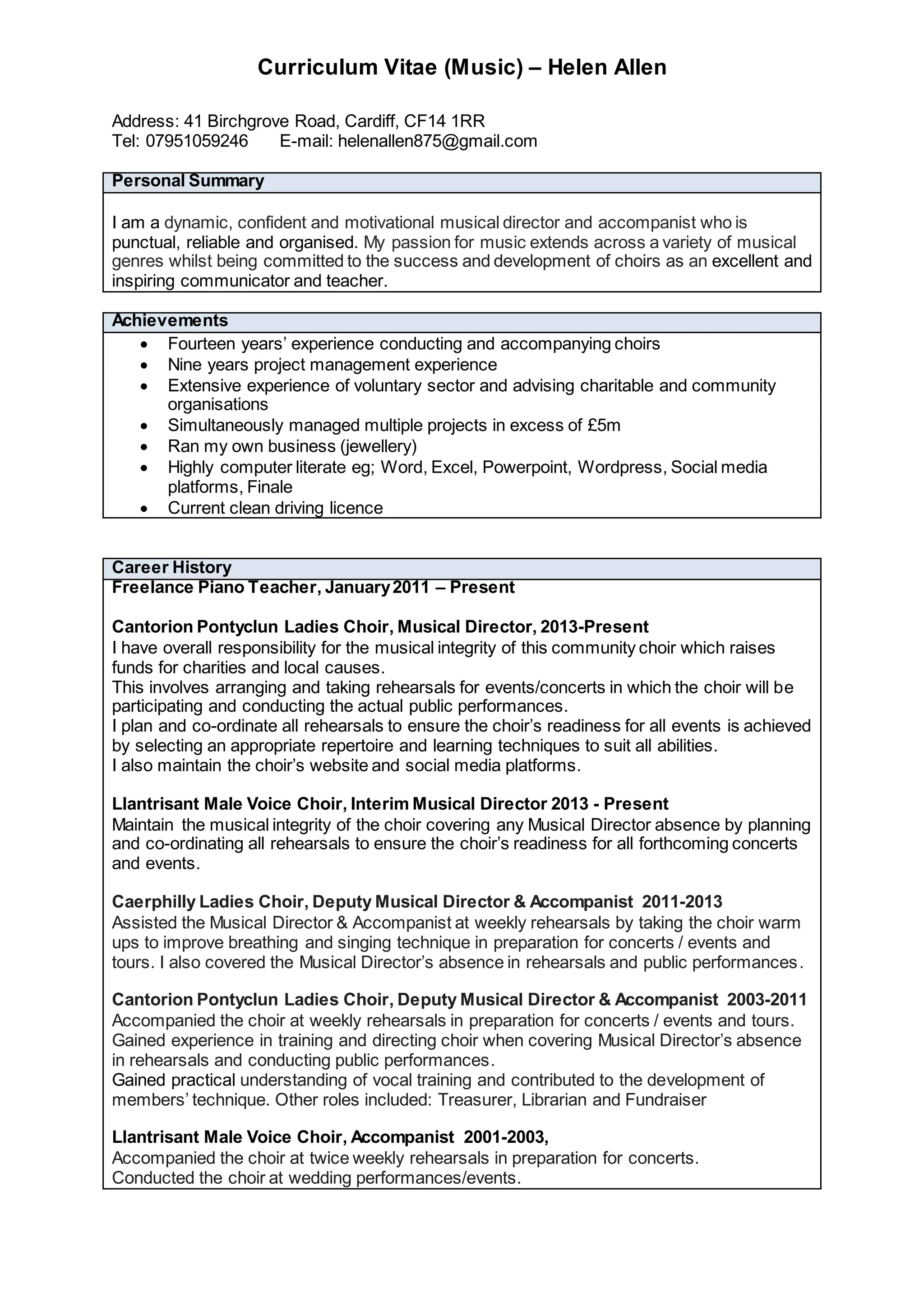 Helen Allen Music CV 2016 | PDF