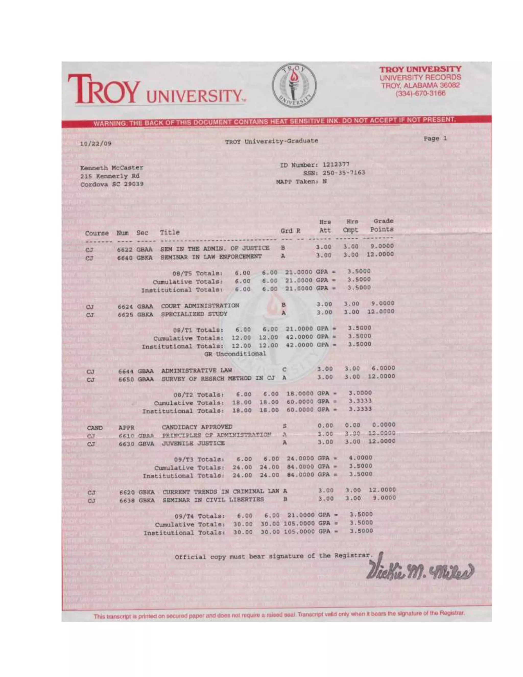 Troy University Transcript | DOCX