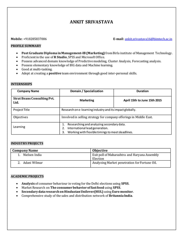 Ankit Srivastava Resume BIMTECH | PDF