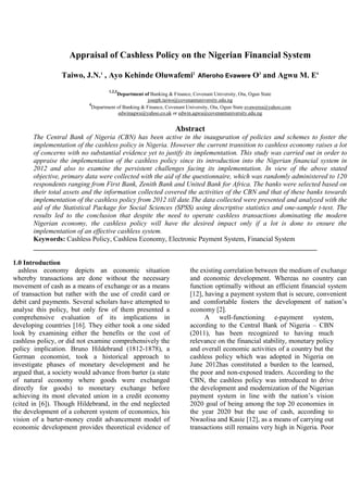 Appraisal of cashless policy on the nigerian financial system | PDF | Credit Cards | Personal Debt