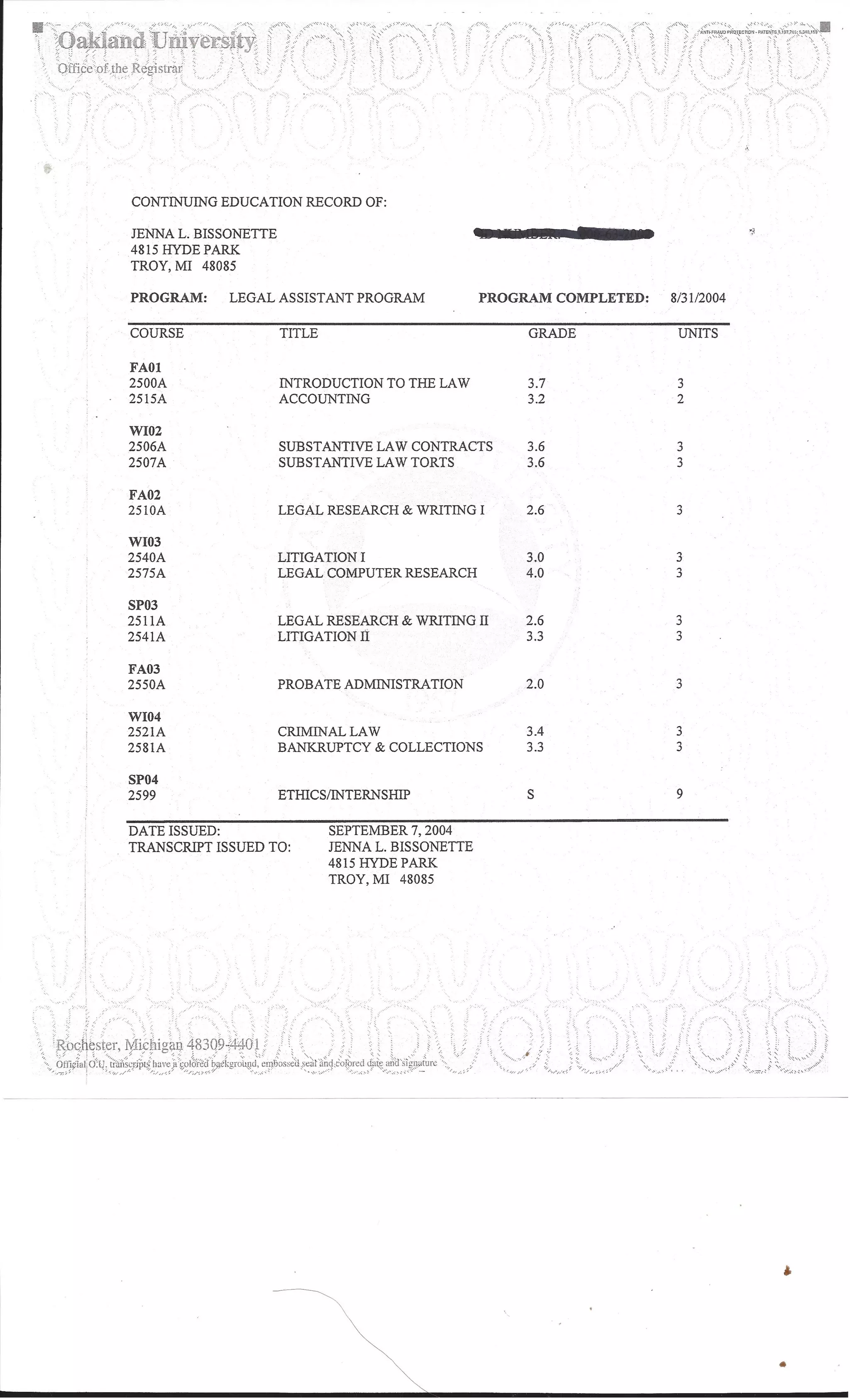 Oakland University Official Transcripts | PDF