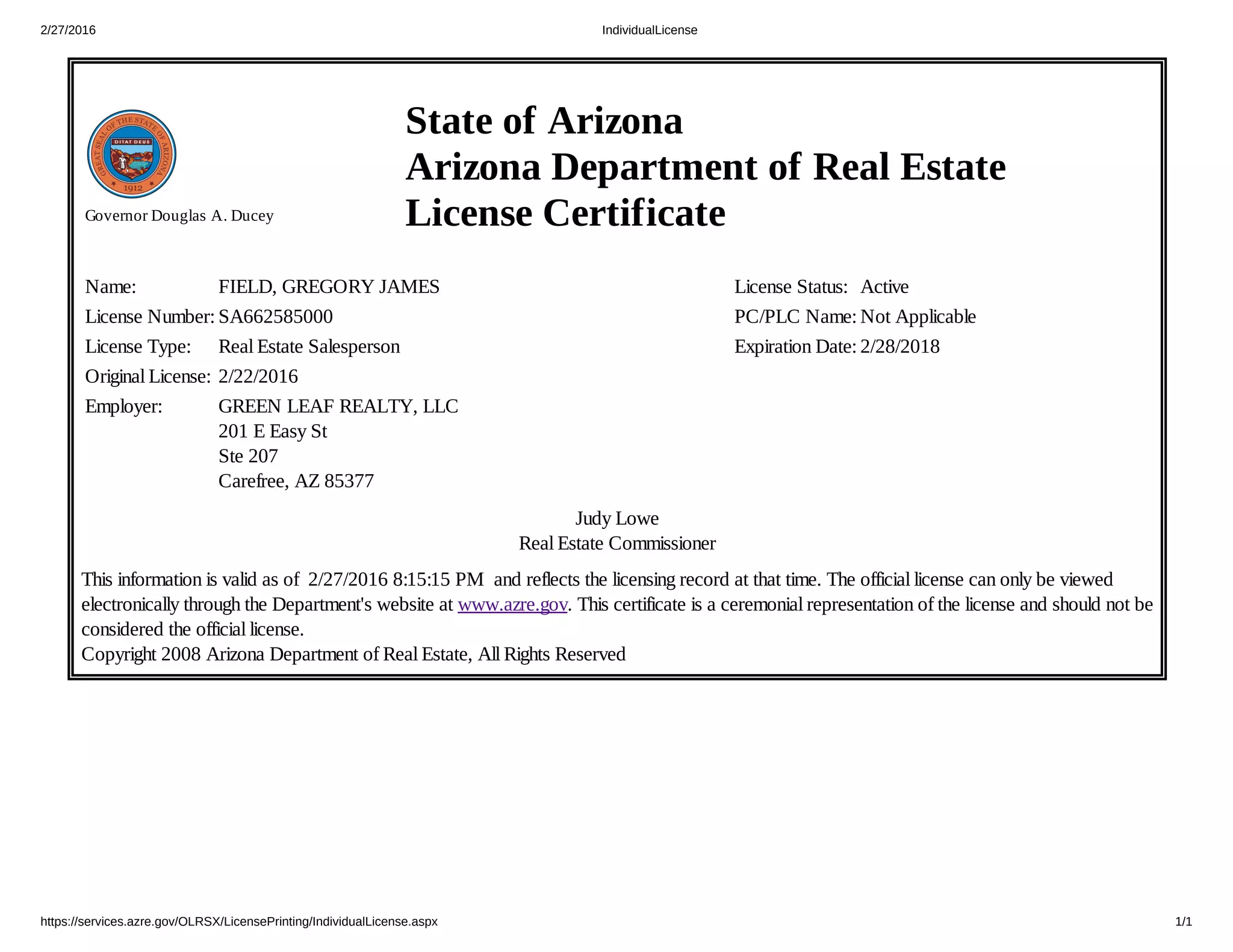 Greg Field Real Estate License | PDF