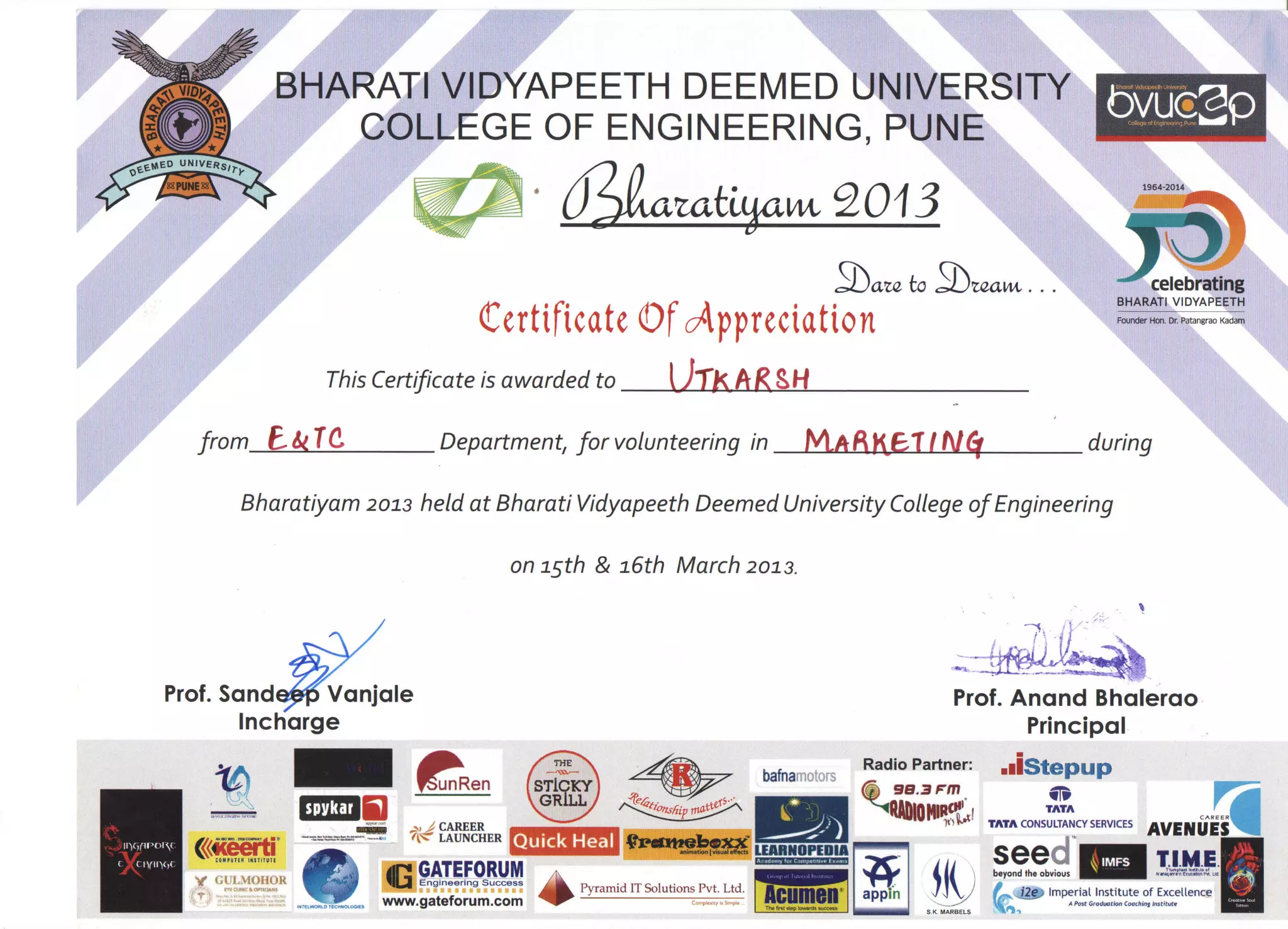 Cert. Of Appreciation - BVCOE - Marketing | PDF