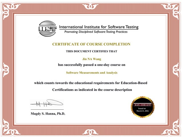 IIST_certificate_SoftwareMeasurement&Analysis | PPT