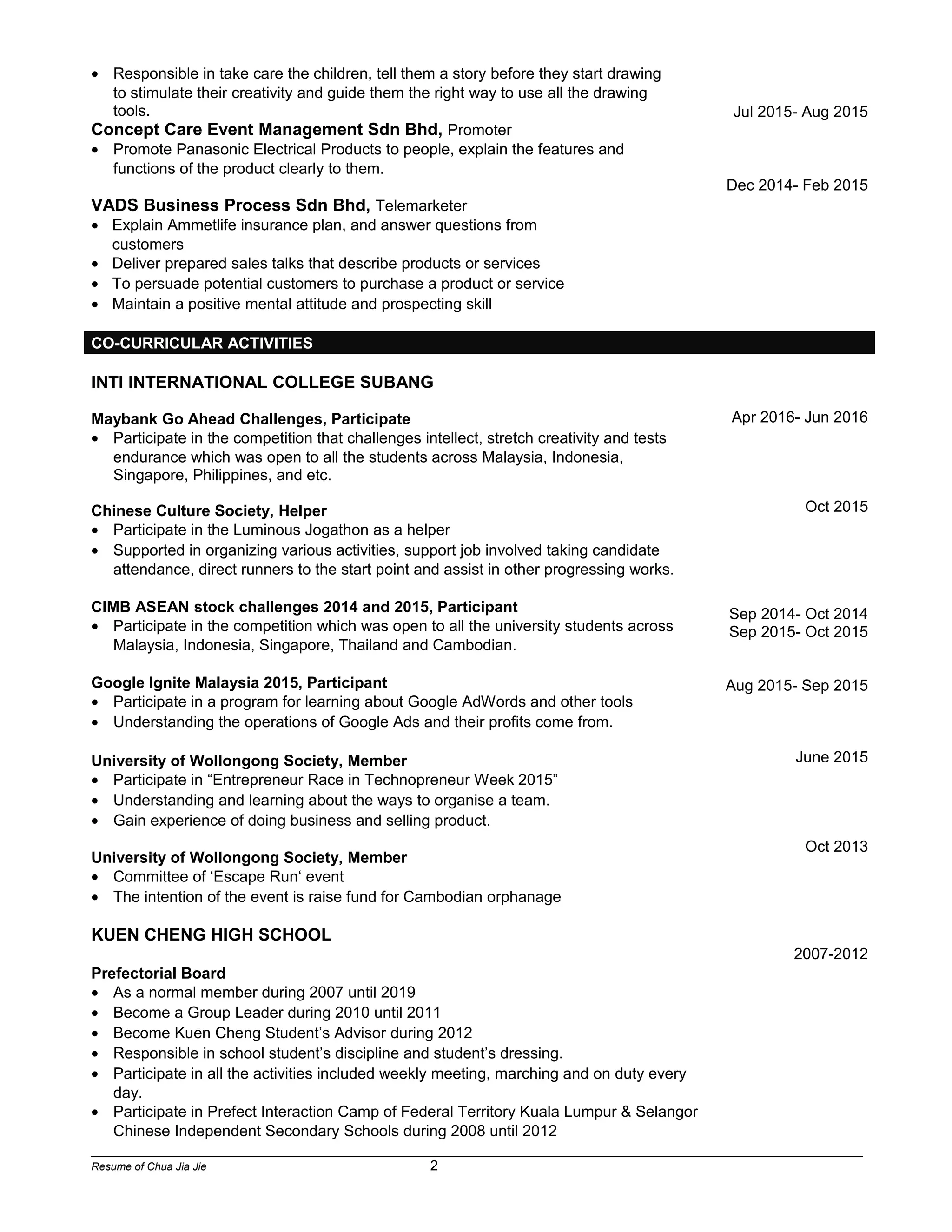 Resume- Chua Jia Jie doc | DOC | Secondary Education | Education