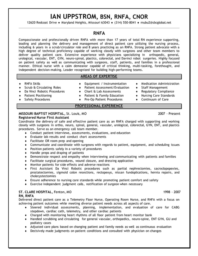 RESUME, IAN UPPSTROM, RNFA | DOCX | Healthcare Industry | Industries