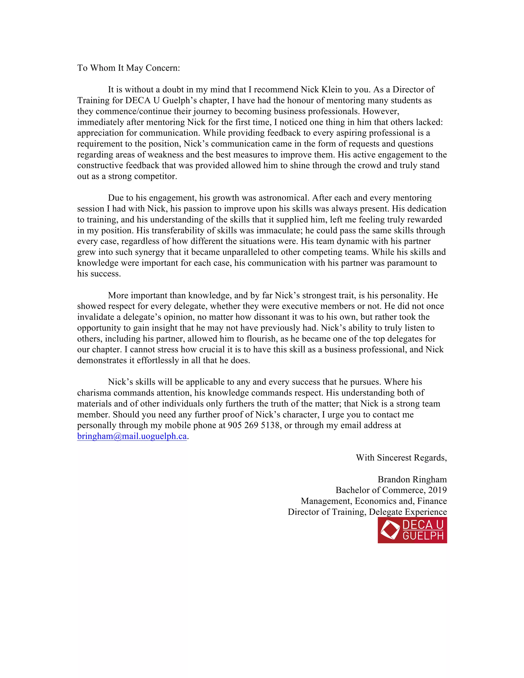 DECA - Letter of Recommendation | PDF