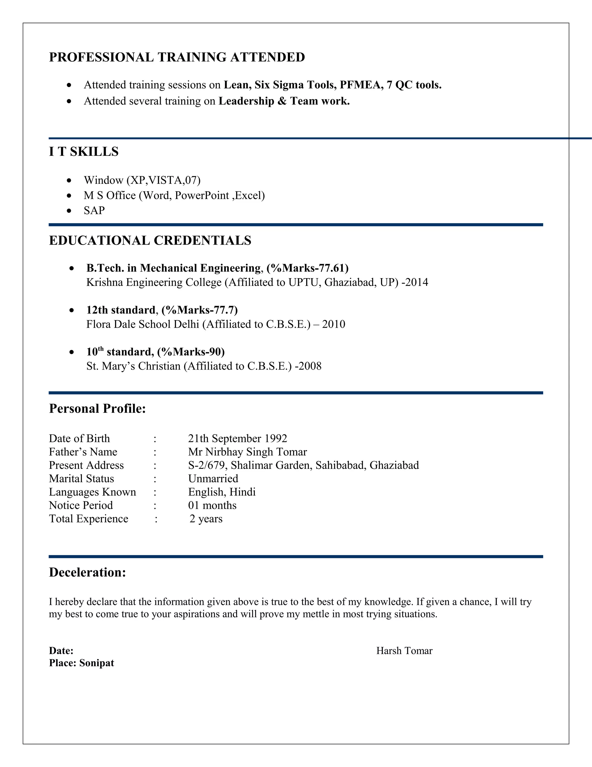 Harsh Tomar Lean CV | DOC