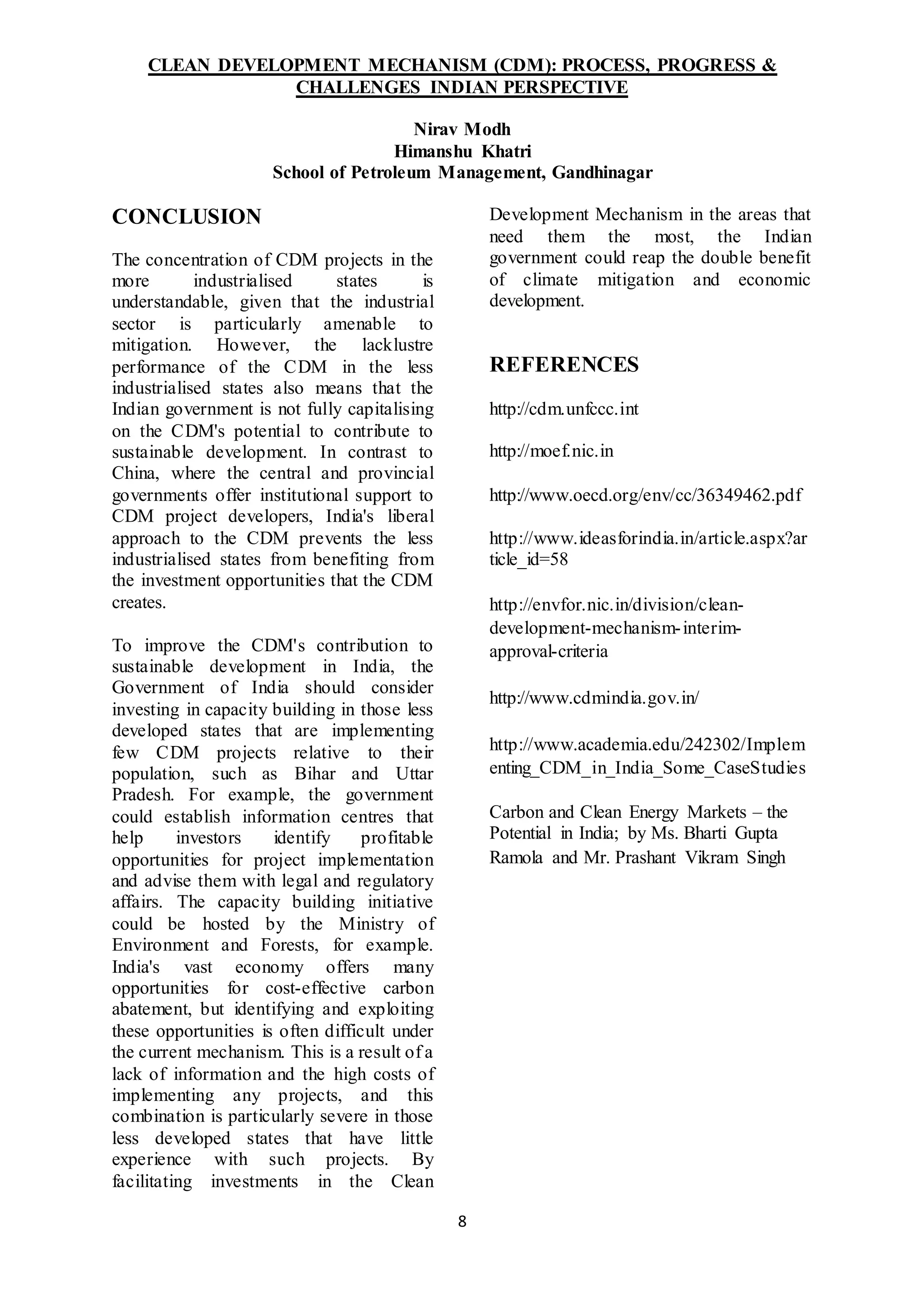 CDM-Process, Progress and challenges Indian Perspective | DOCX