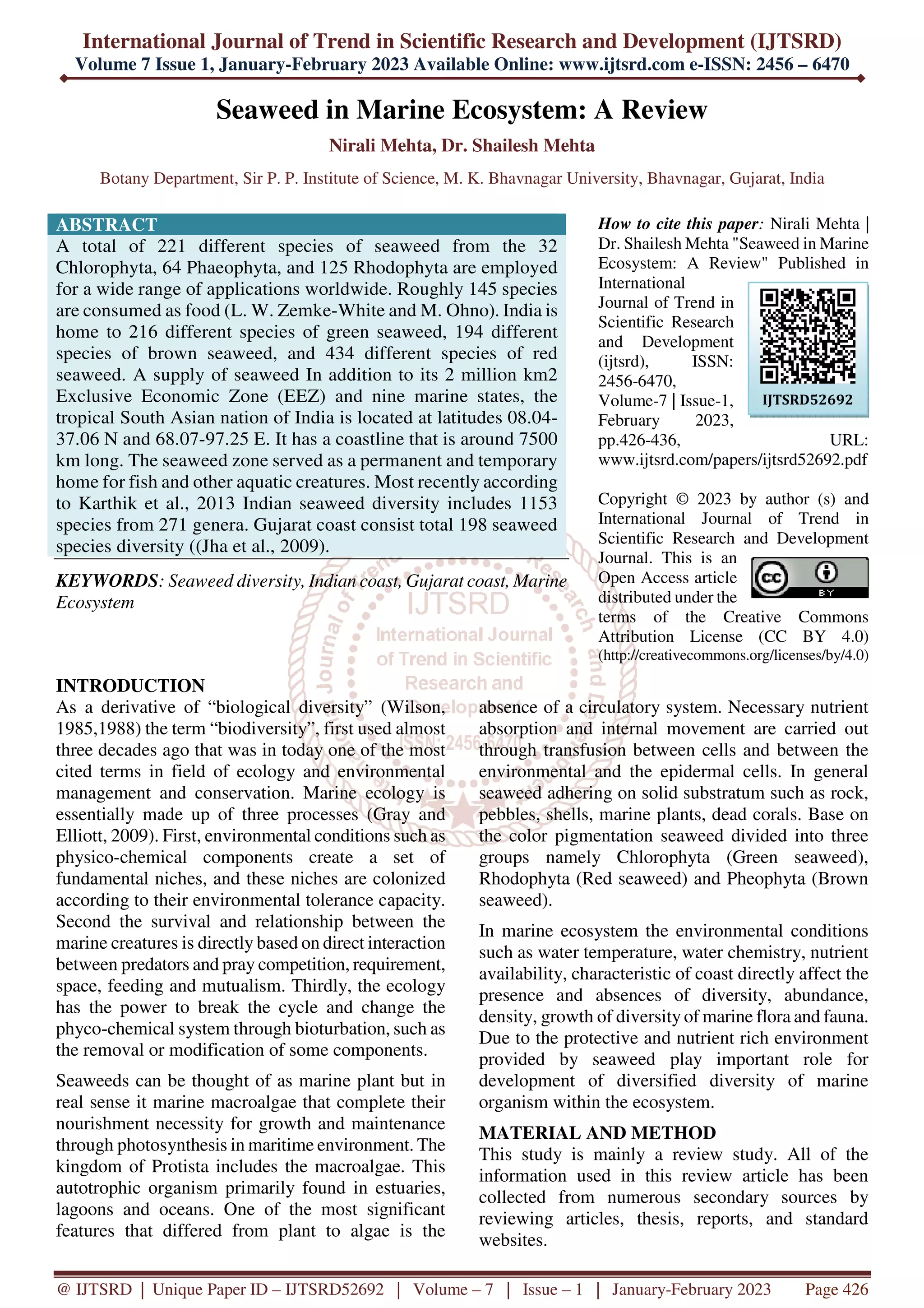 Seaweed in Marine Ecosystem A Review | PDF