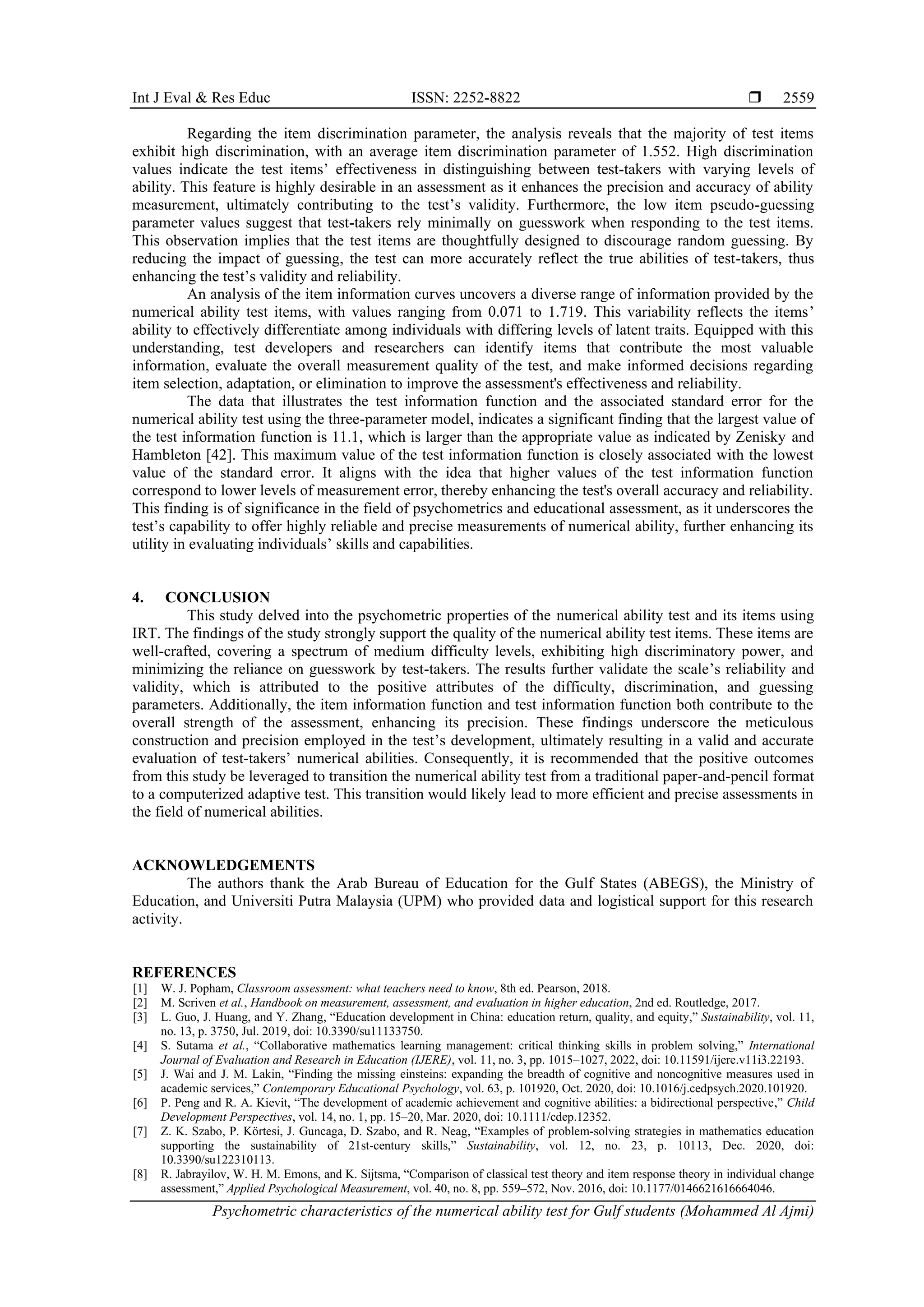 Psychometric characteristics of the numerical ability test for Gulf ...