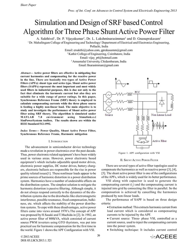 Simulation and Design of SRF based Control Algorithm for Three Phase Shunt Active Power Filter | PDF