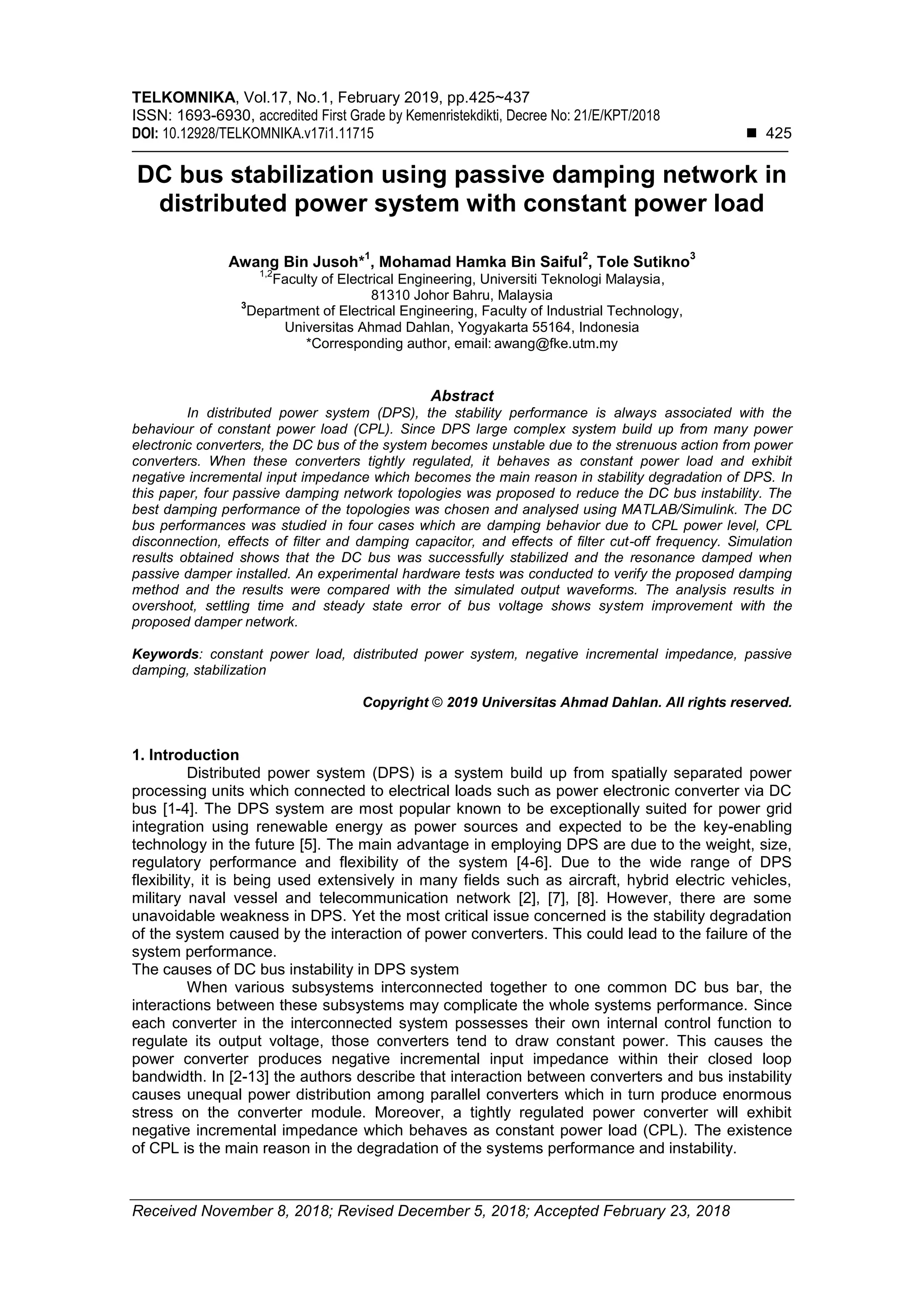 DC bus stabilization using passive damping network in distributed power system with constant ...