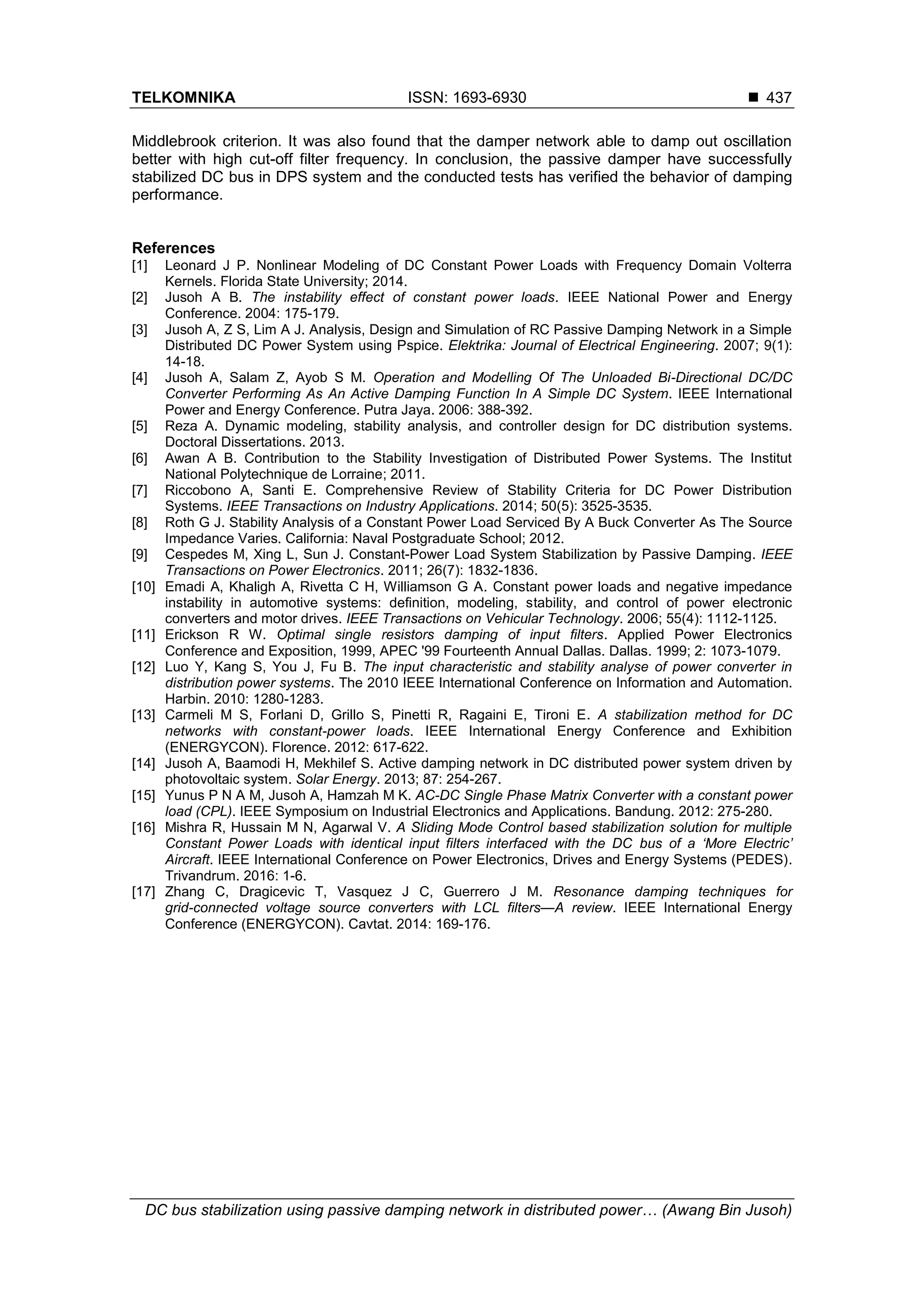 DC bus stabilization using passive damping network in distributed power ...