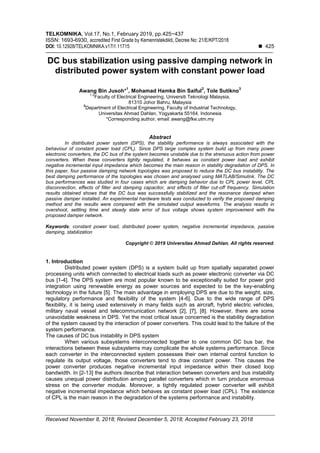 DC bus stabilization using passive damping network in distributed power system with constant ...