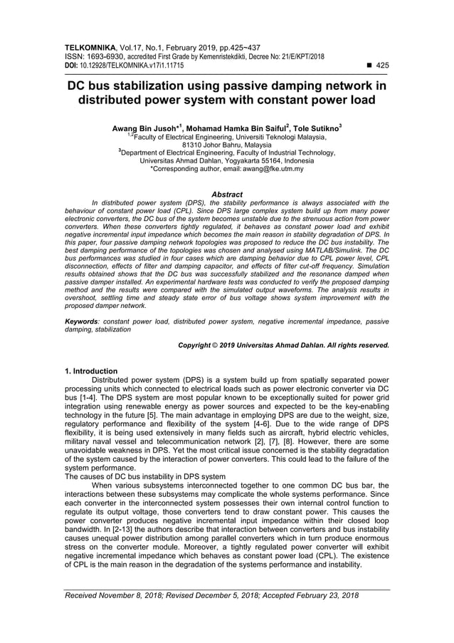 DC bus stabilization using passive damping network in distributed power system with constant ...