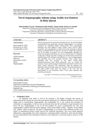 Novel steganography scheme using Arabic text features in Holy Quran | PDF