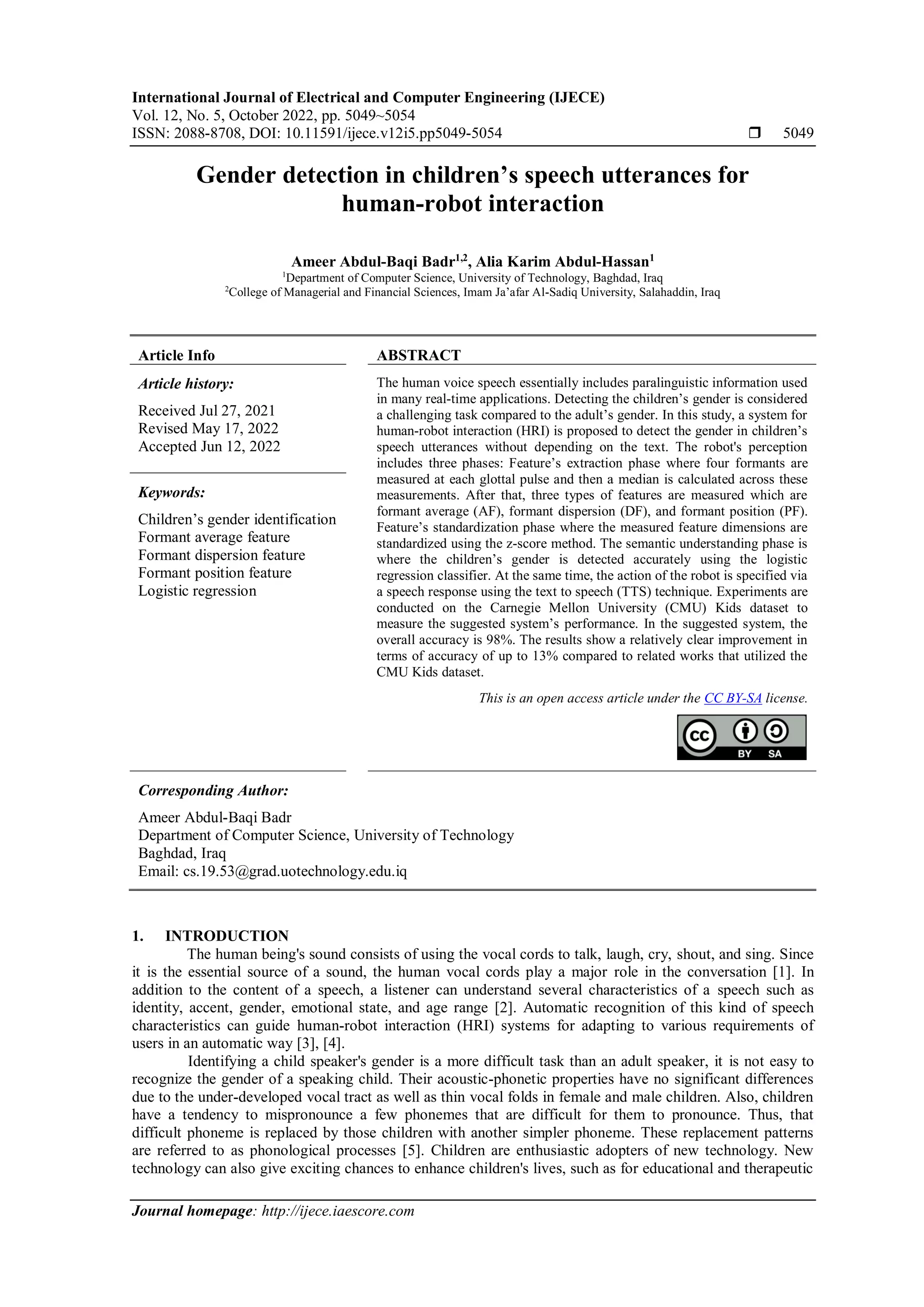 Gender detection in children’s speech utterances for human-robot interaction | PDF | Digital ...