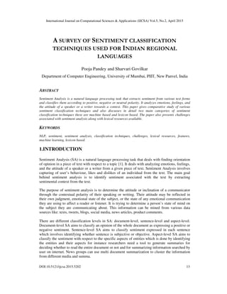 A SURVEY OF S ENTIMENT CLASSIFICATION TECHNIQUES USED FOR I NDIAN REGIONAL LANGUAGES | PDF ...
