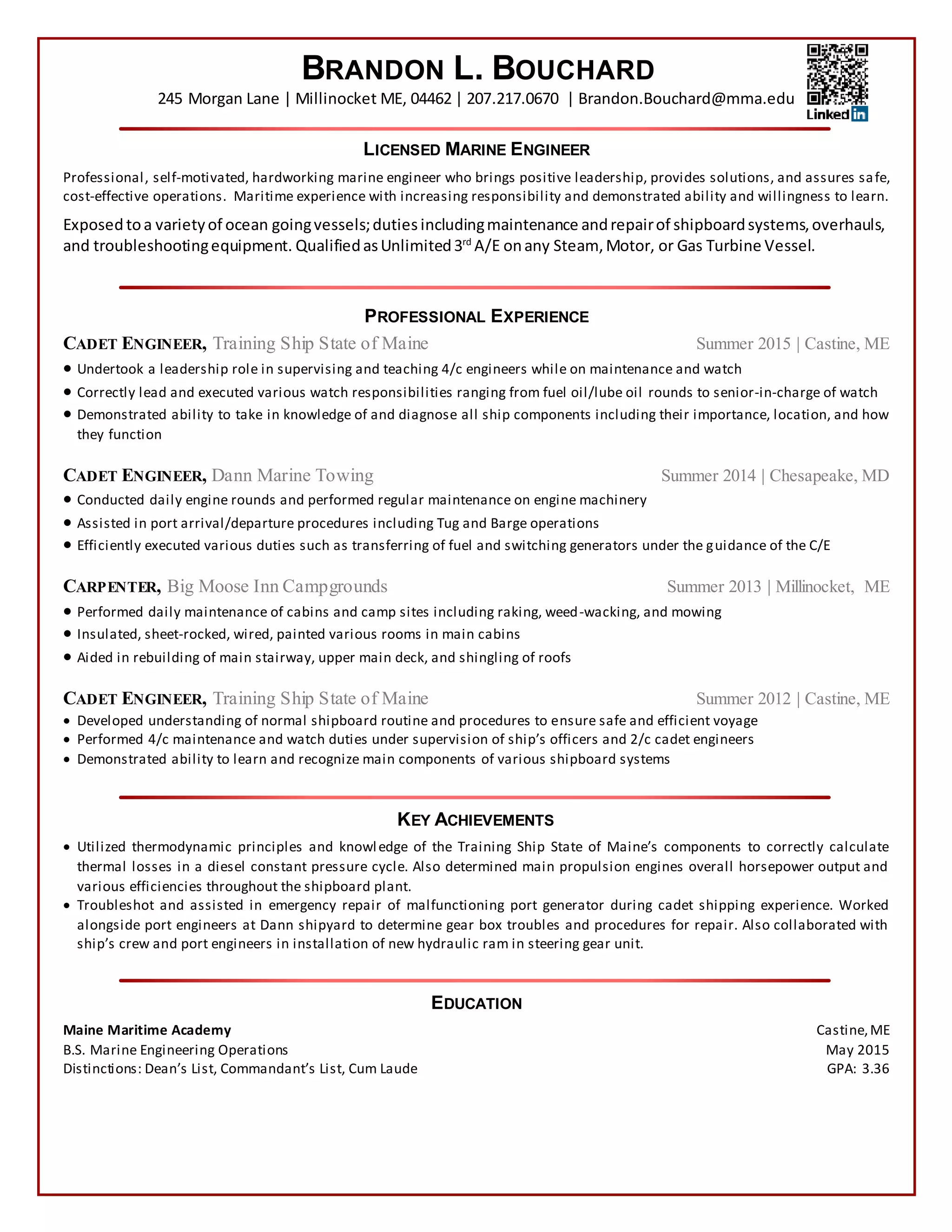 Brandon Bouchard - Resume | DOCX | Cruises | Travel Type