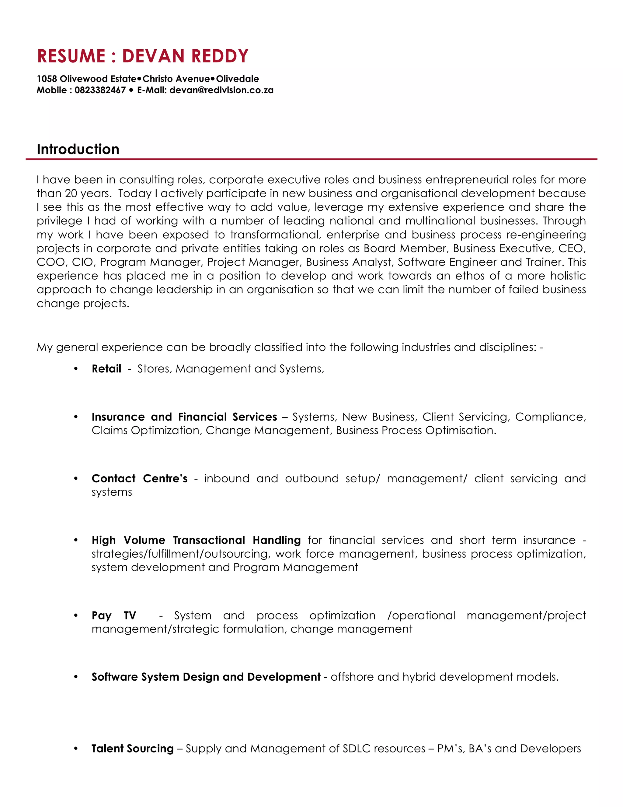 Resume - Devan Reddy June 2016 | PDF | Management Consulting Industry | Industries