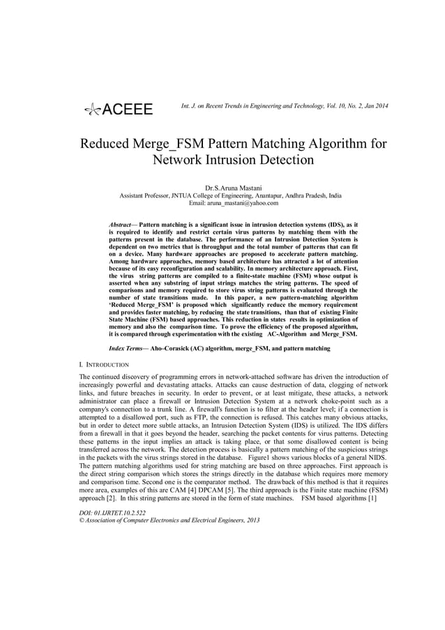 Reduced Mergefsm Pattern Matching Algorithm For Network Intrusion Detection Pdf