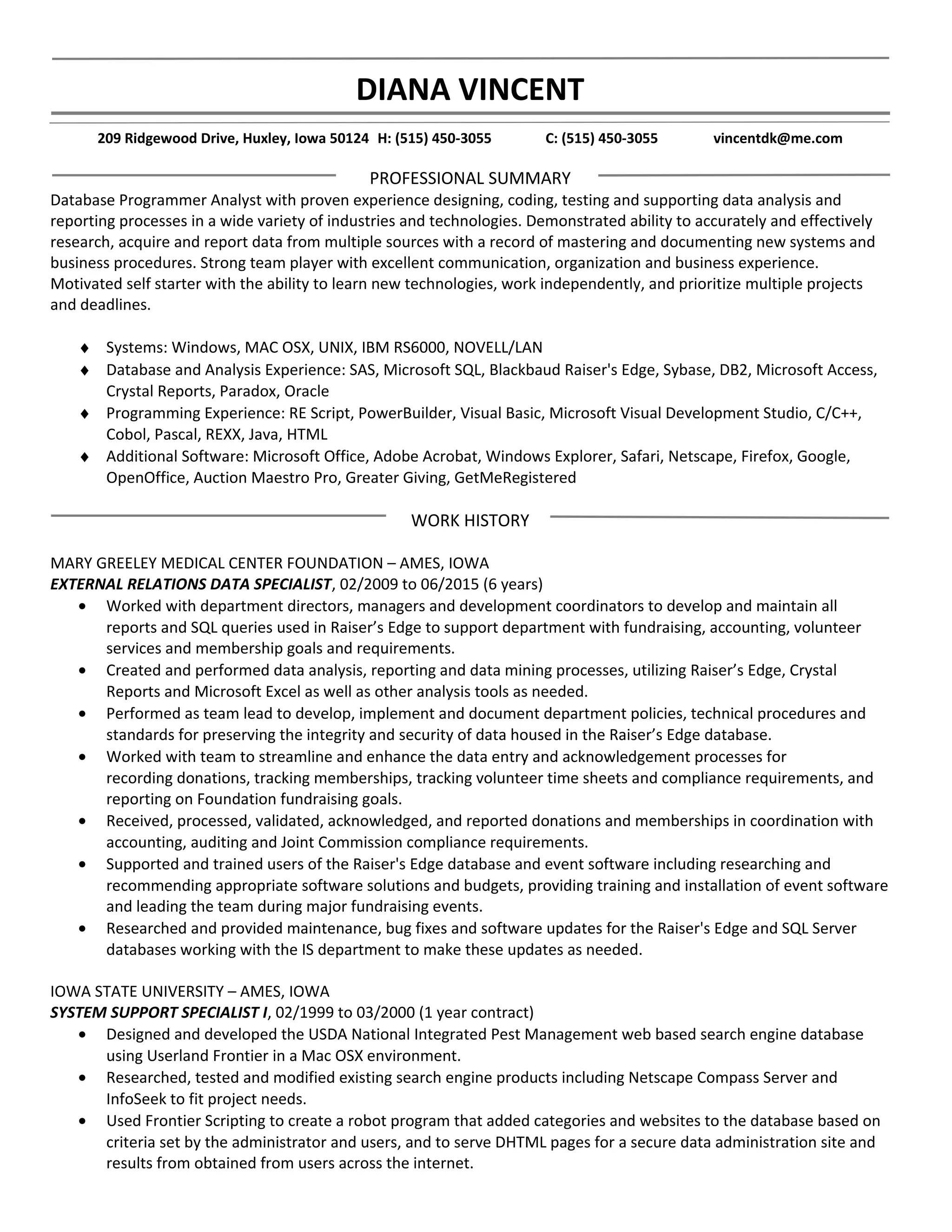 DIANA VINCENT Resume 4 | DOC | Databases | Computer Software and ...