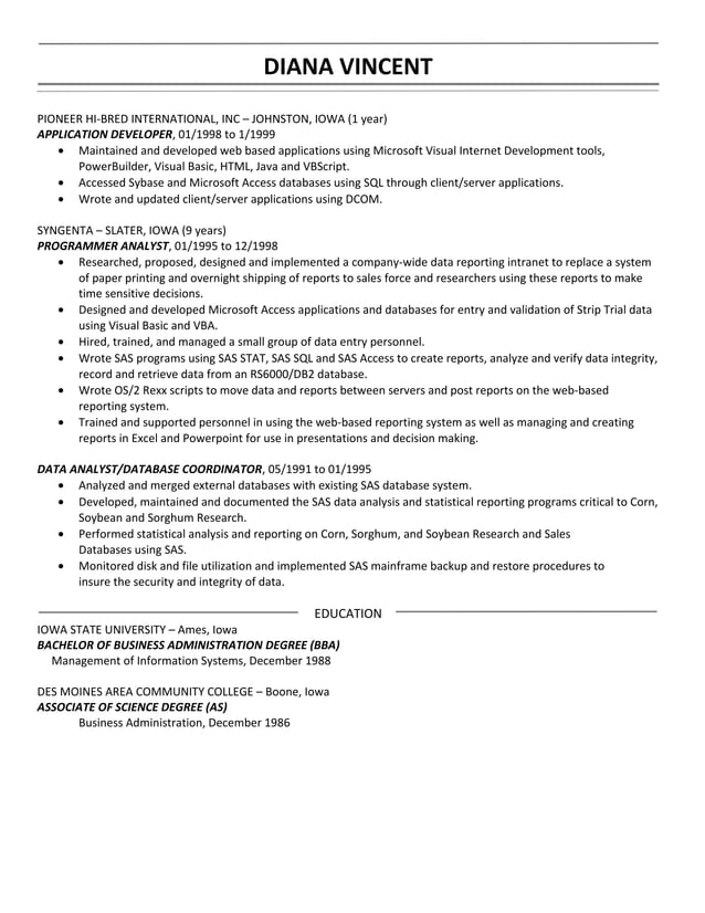 DIANA VINCENT Resume 4 | DOC | Databases | Computer Software and Applications