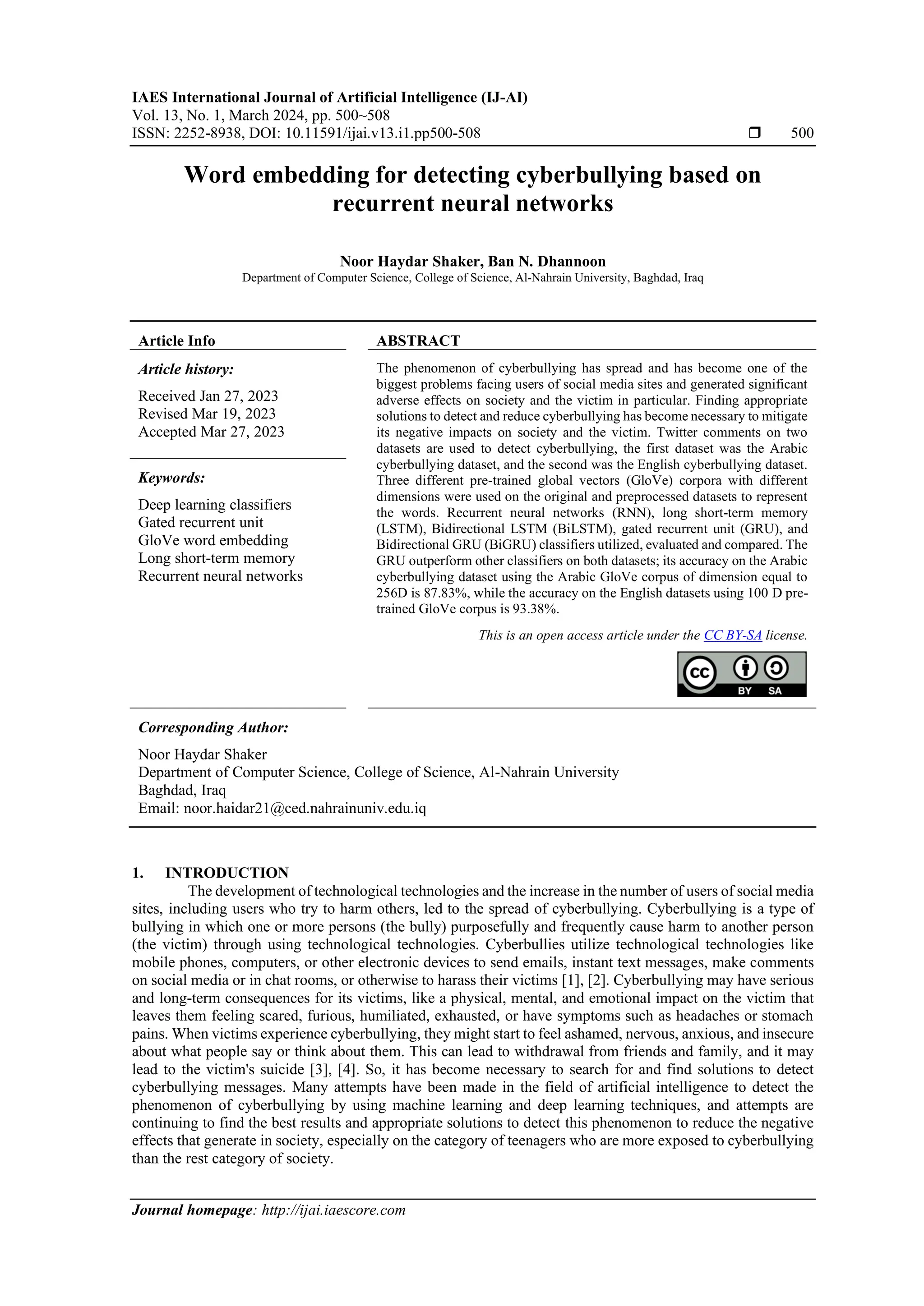 Word Embedding For Detecting Cyberbullying Based On Recurrent Neural