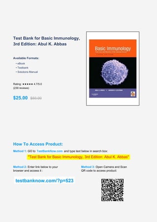Comprehensive Test Bank for Basic Immunology, 3rd Edition by Abul K ...