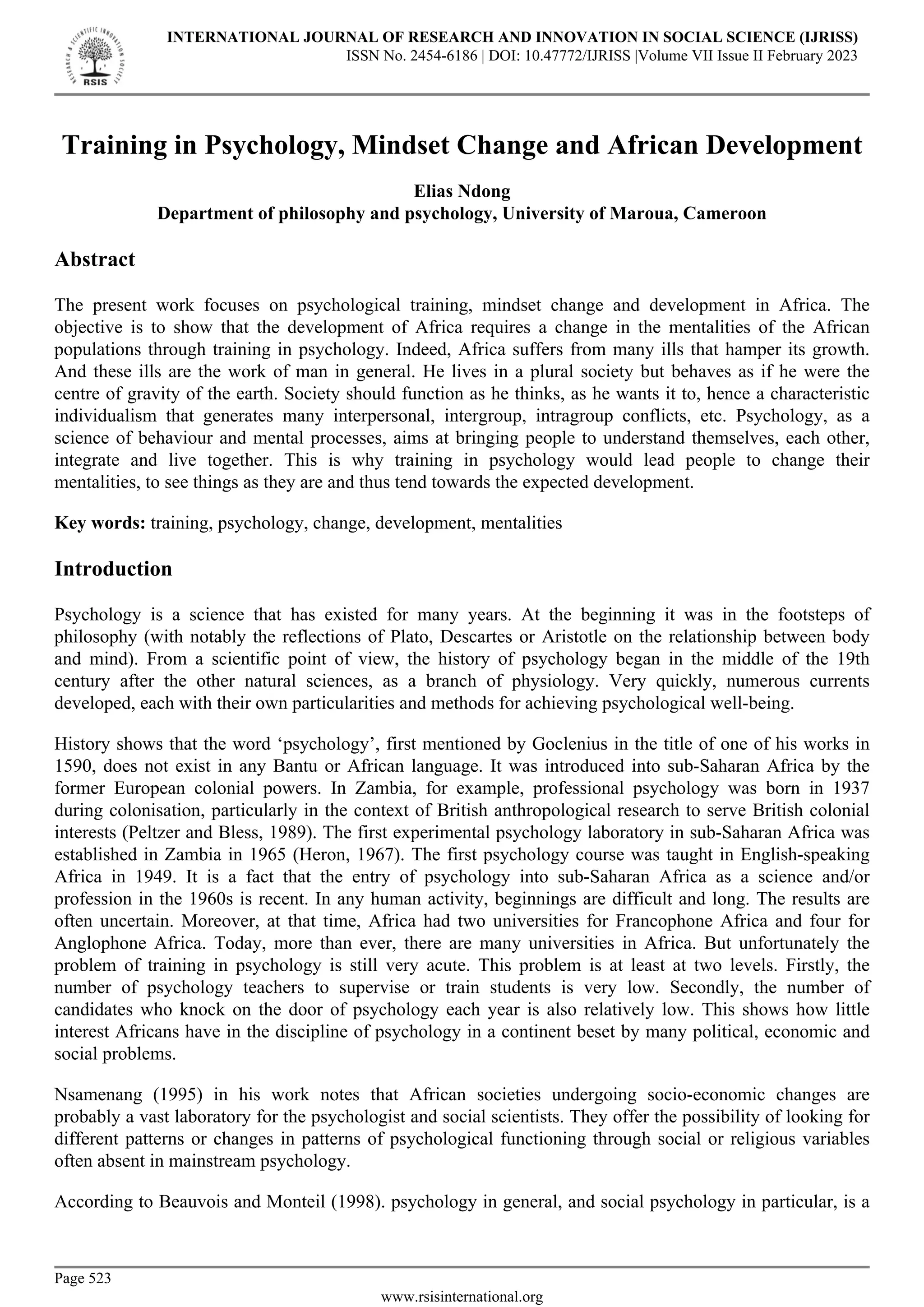 Training in Psychology, Mindset Change and African Development | IJRISS ...