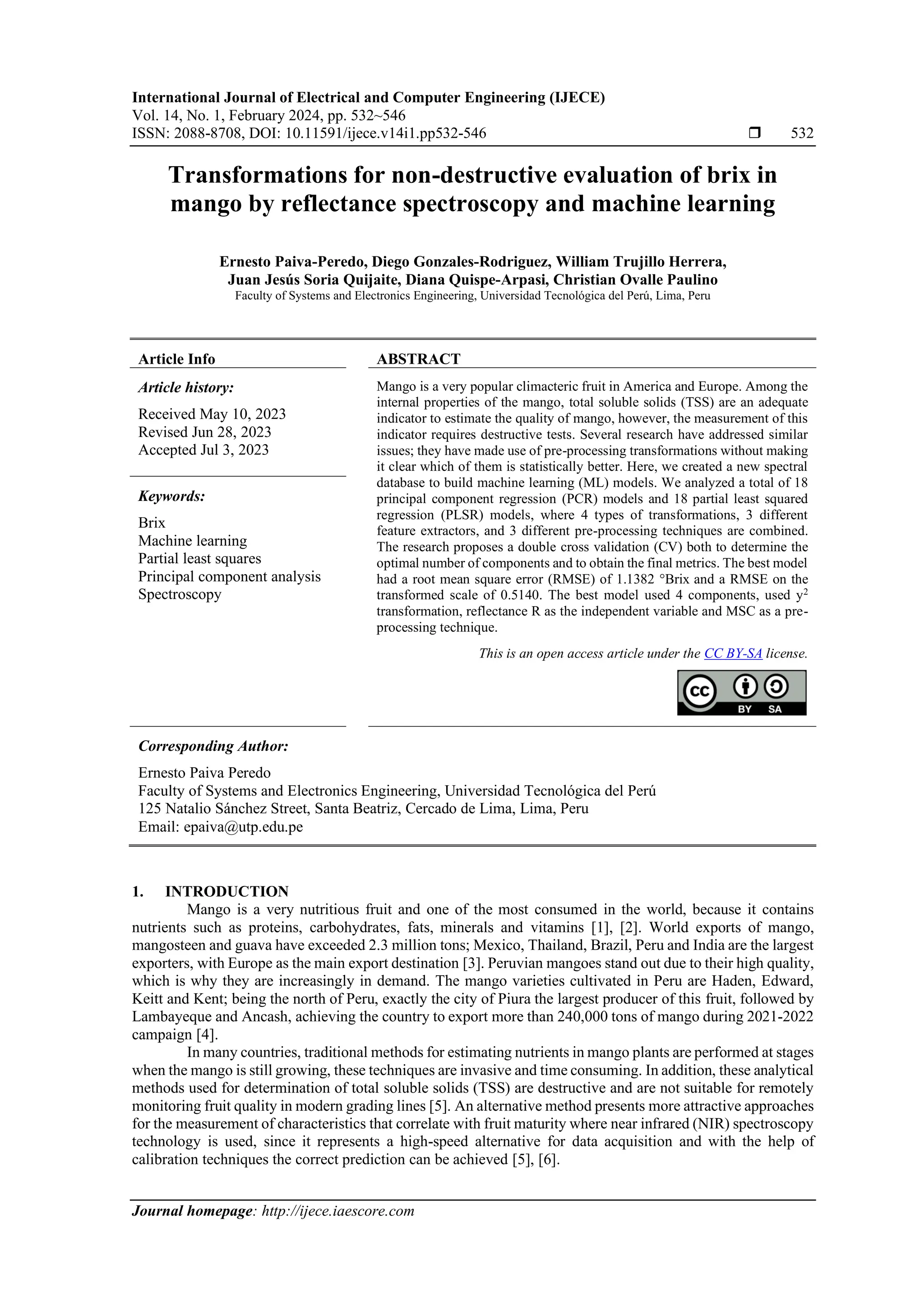 Transformations for non-destructive evaluation of brix in mango by reflectance spectroscopy and ...
