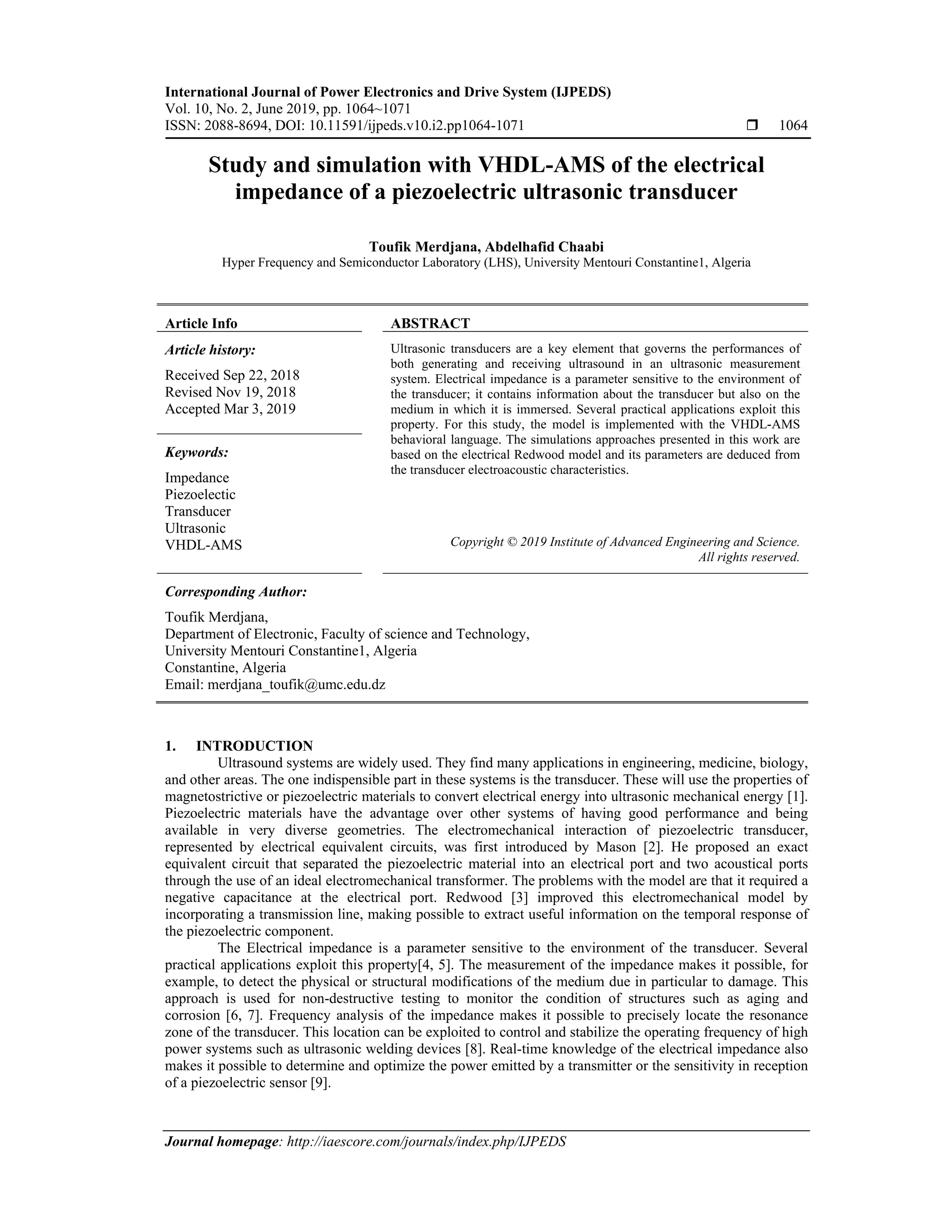 Study and simulation with VHDL-AMS of the electrical impedance of a ...