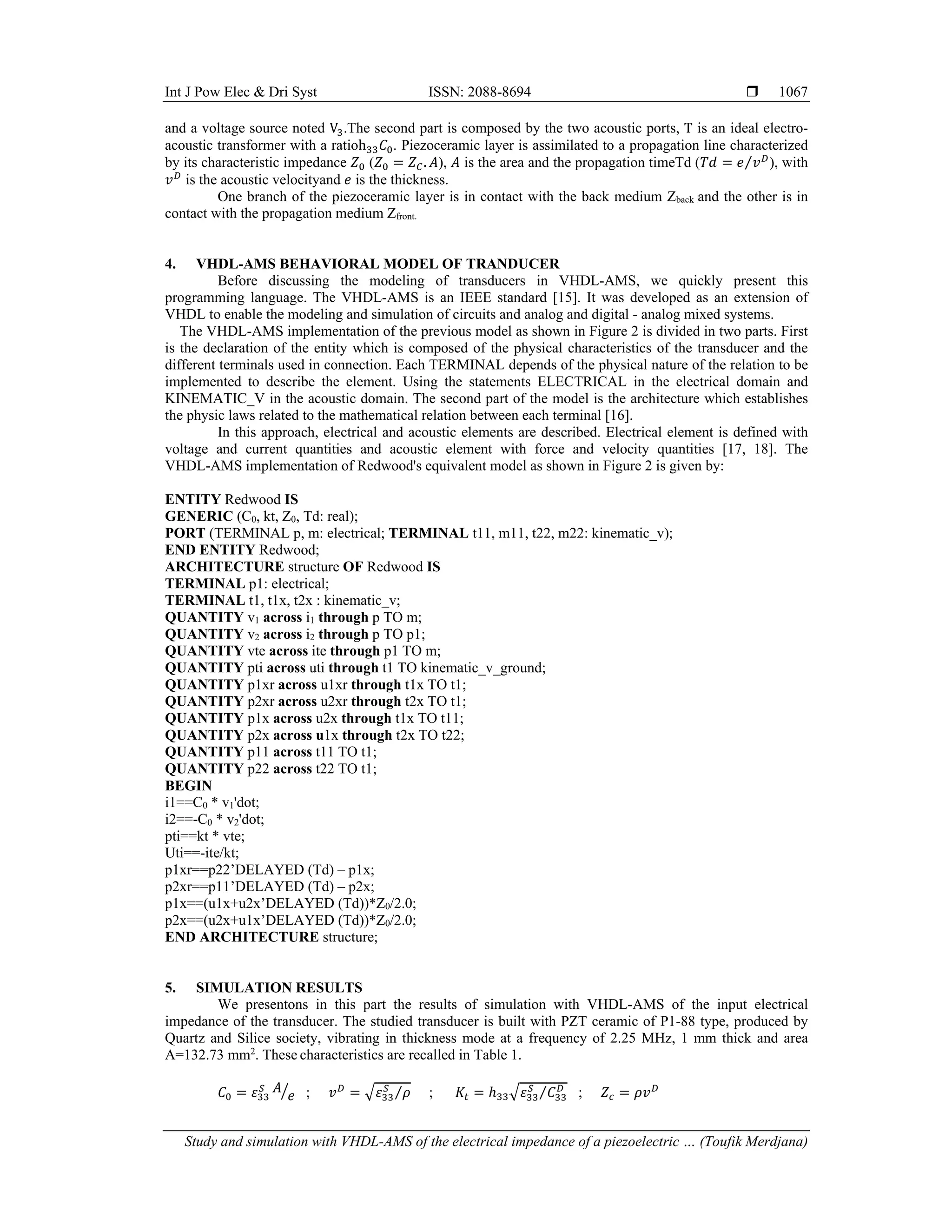 Study and simulation with VHDL-AMS of the electrical impedance of a piezoelectric ultrasonic ...