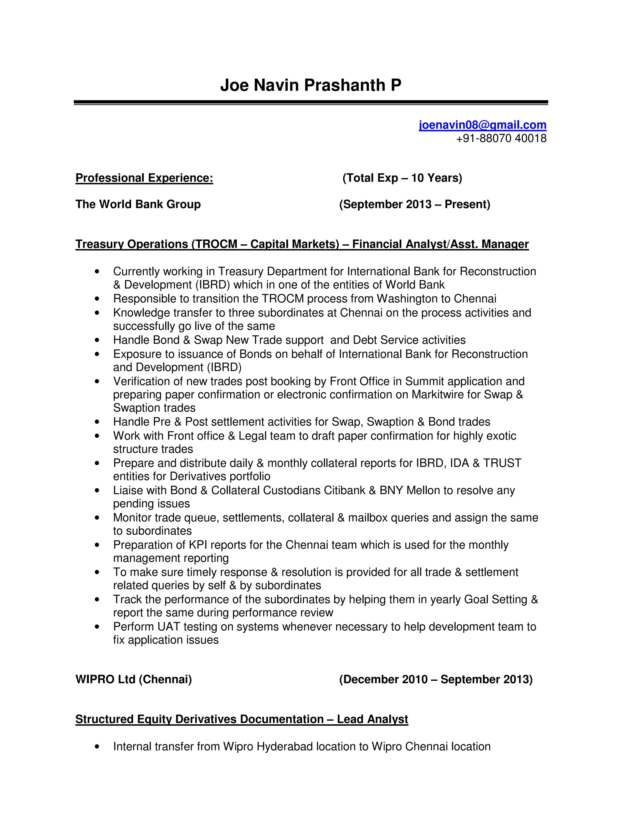 Joe Navin Prashanth - Resume | PDF | Business Banking & Finance | Business