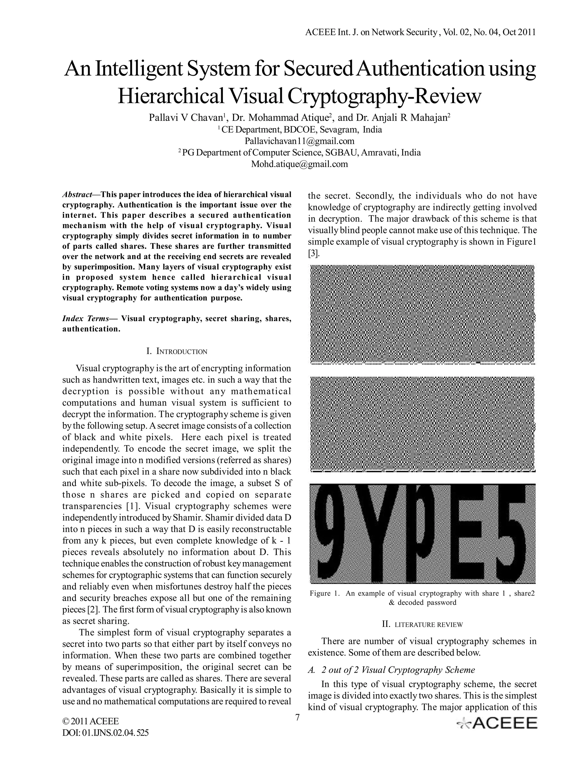 An Intelligent System for Secured Authentication using Hierarchical Visual Cryptography-Review | PDF